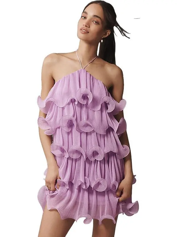 Mac Duggal Halter Tiered Ruffle Crinkle Chiffon Mini Dress - Lilac