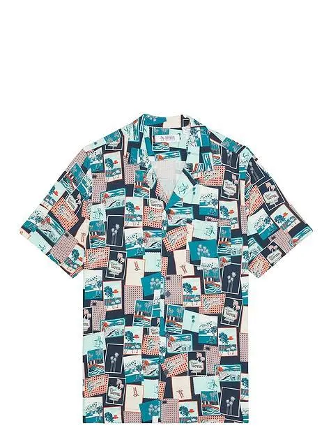 ORIGINAL PENGUIN All Over Print Postcard Camp Shirt In Teal - Blue Wing Teal