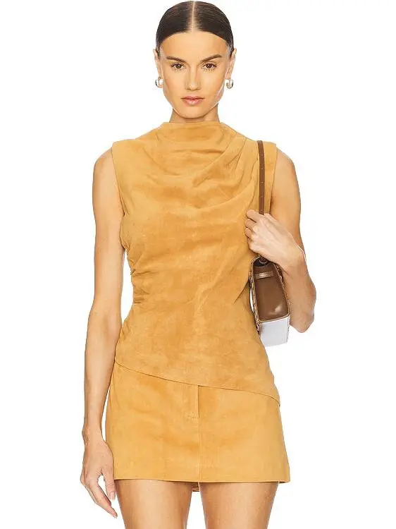 AEXAE Leather Suede Ruched Top - Suede Tan