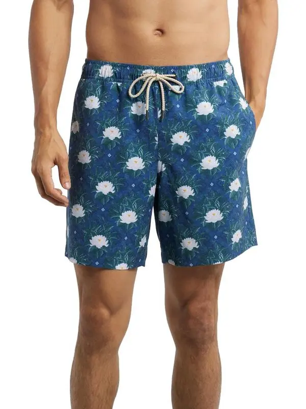 FAIR HARBOR Bayberry Floral Swim Trunks - Navy White Lotus Wl