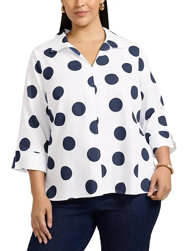 Foxcroft Agnes 3/4 Sleeved Dot Shirt - White/navy
