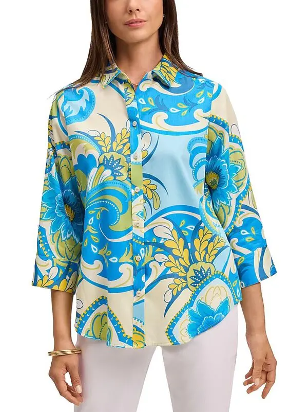 Foxcroft Margie Tropical Jacobean Shirt - Blue/green