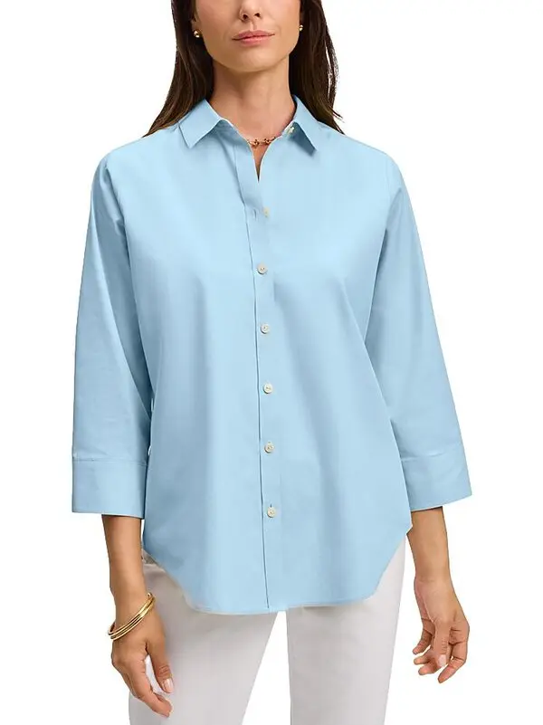 Foxcroft Margie 3/4 Sleeved Pinpoint Oxford Shirt - Soft Aqua
