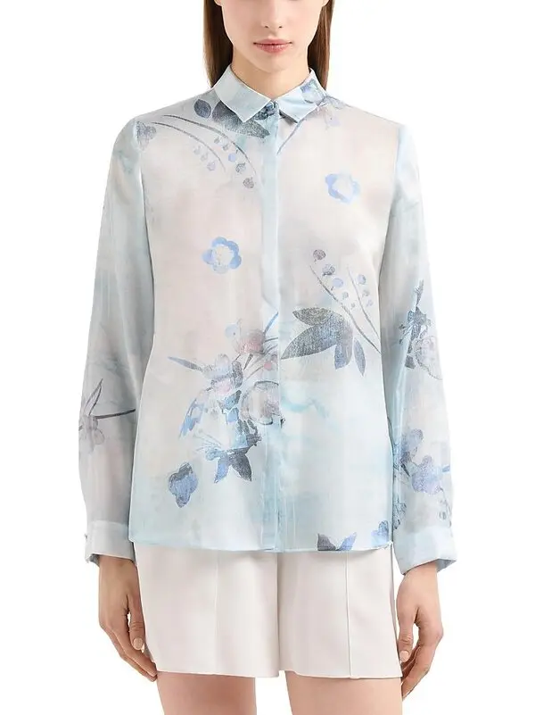 Emporio Armani Shiny Baltik Floral Print Shirt - Sky Blue Pastel