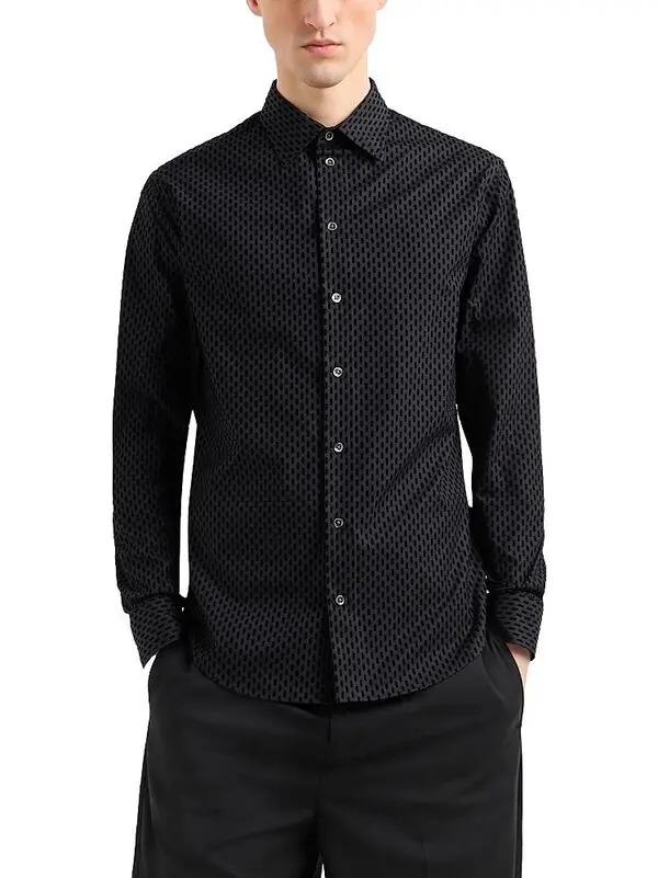 Emporio Armani Flocked Cotton Button Up Shirt - Black