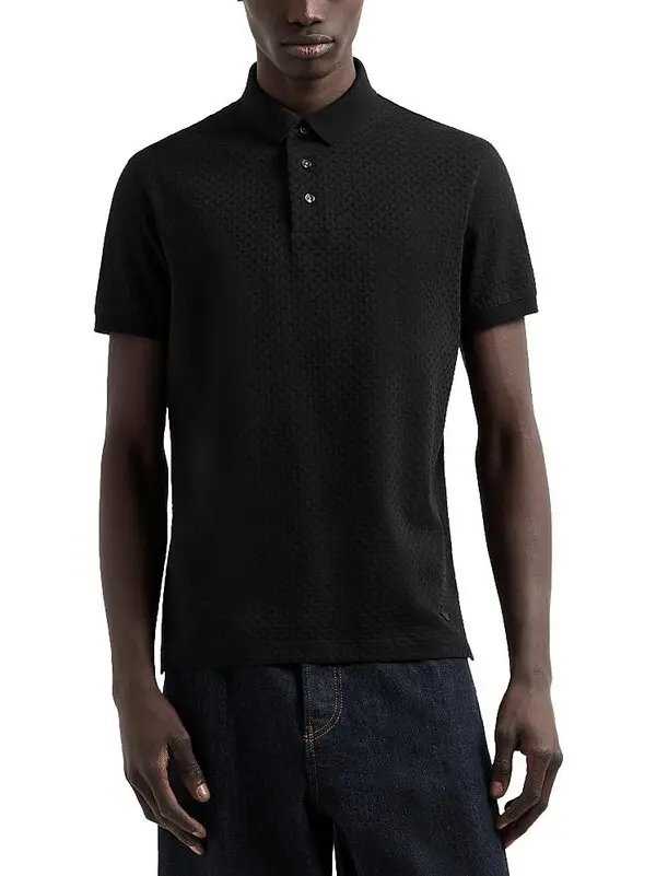 Emporio Armani Textured Cotton Allover Jacquard Motif Polo - Black Beauty