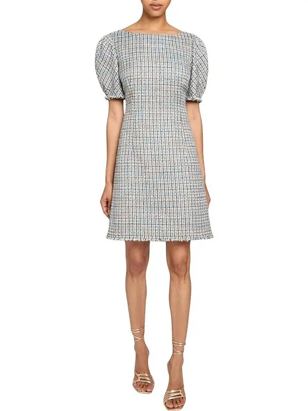Santorelli A-line Tweed Mini Dress With Puff Sleeves - Ocean Mist
