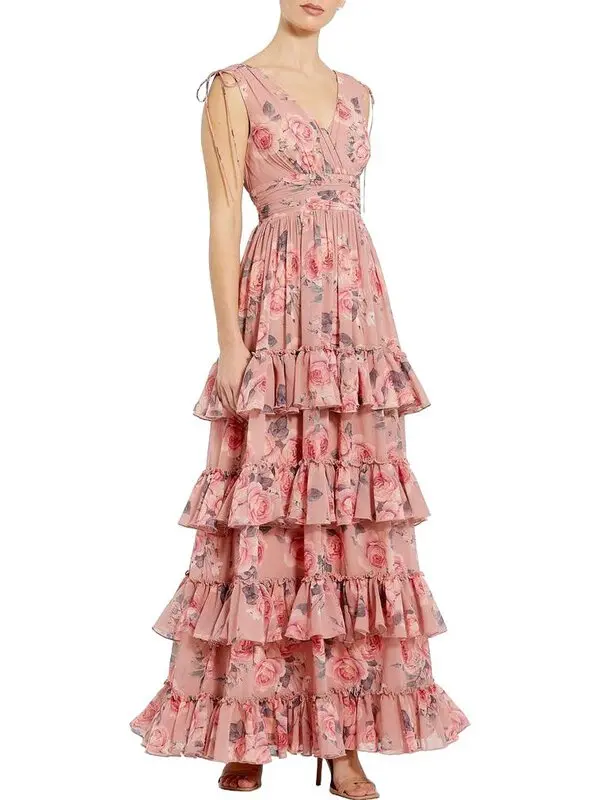 Mac Duggal Floral Chiffon Tiered Gown - Pink Multi