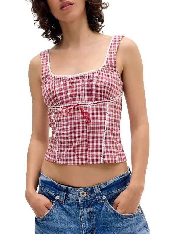 BDG URBAN OUTFITTERS Lena Rickrack Trim Check Camisole - Red Check
