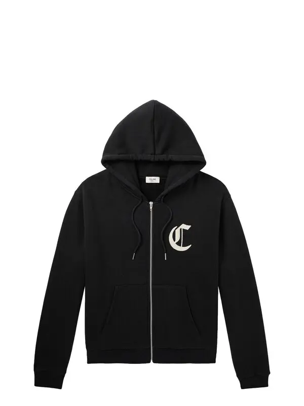 Celine Logo-embroidered Cotton-jersey Zip-up Hoodie - Black