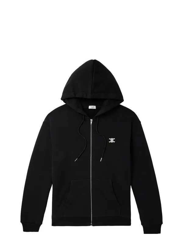 Celine Logo-embroidered Cotton And Cashmere-blend Zip-up Hoodie - Black
