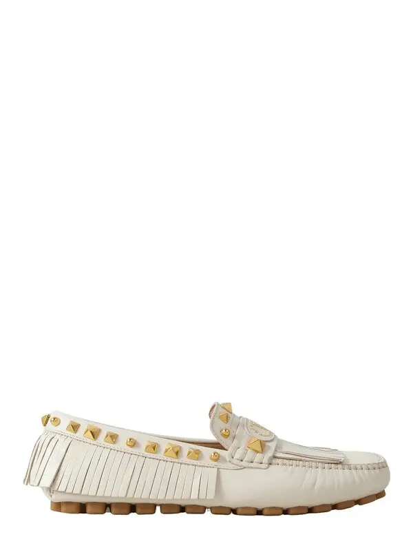 Valentino Garavani Plaster Caster Driver Fringed Studded Textured-leather Loafers - Ivory