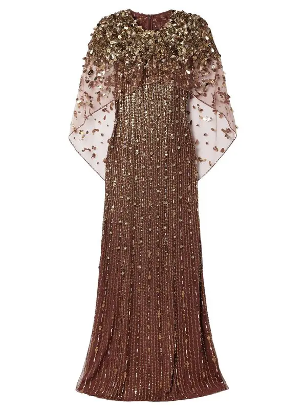 Jenny Packham Nettie Cape-effect Embellished Sequined Tulle Gown - Metallic