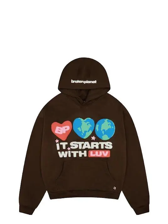 BROKEN PLANET It Starts With Luv Hoodie - Mocha Brown