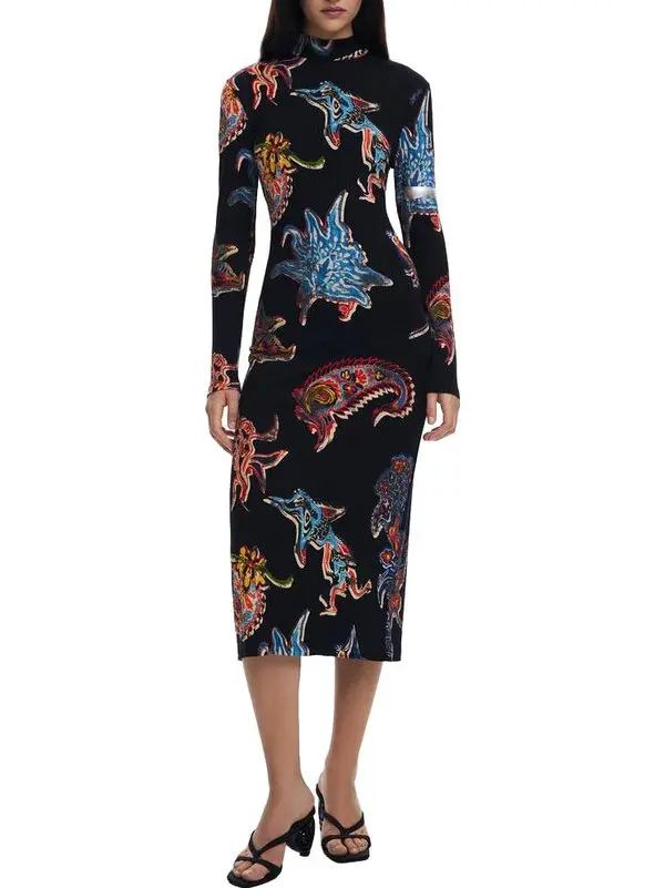 Desigual Abstract Print Midi Dress - Black