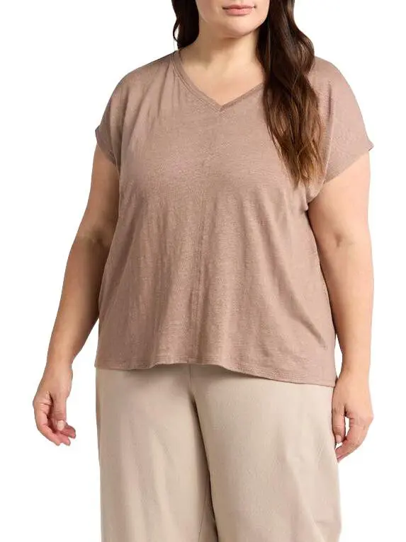 Eileen Fisher Organic Linen V-neck T-shirt - Cocoa