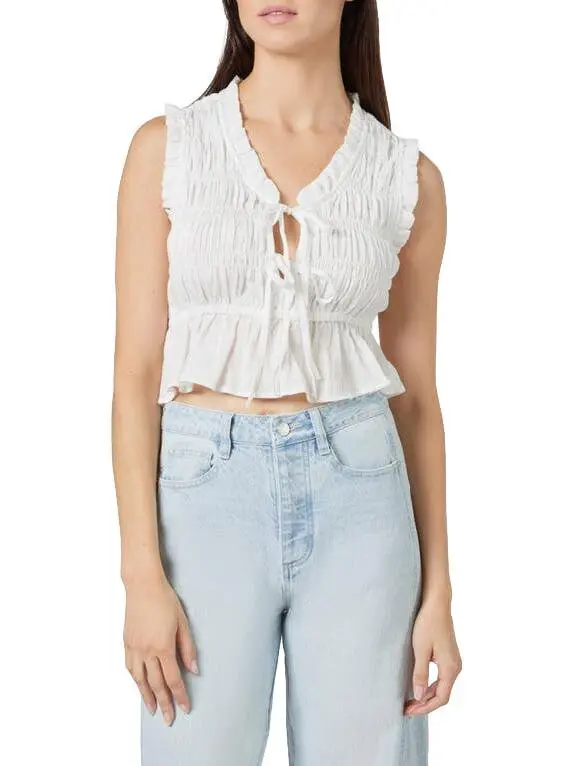 Habitual Cotton Shirred Tie Front Top - White
