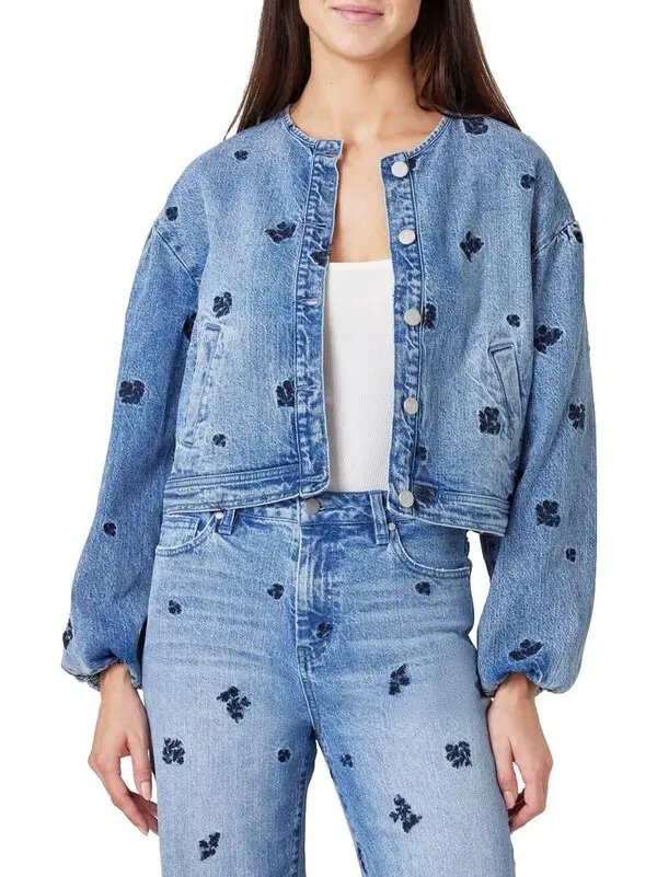 Habitual Collarless Embroidered Denim Jacket - Seafarer