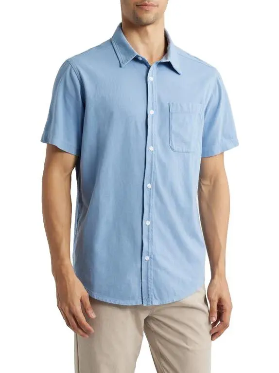 FAIR HARBOR Saltaire Organic Cotton Knit Short Sleeve Button-up Shirt - Light Blue