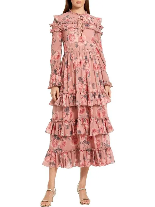 Mac Duggal Printed Long Sleeve Lace-up Ruffle Dress - Rose Multi