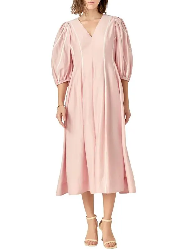 English Factory Contrast Binding Puff Shoulder Midi Dress - Pink