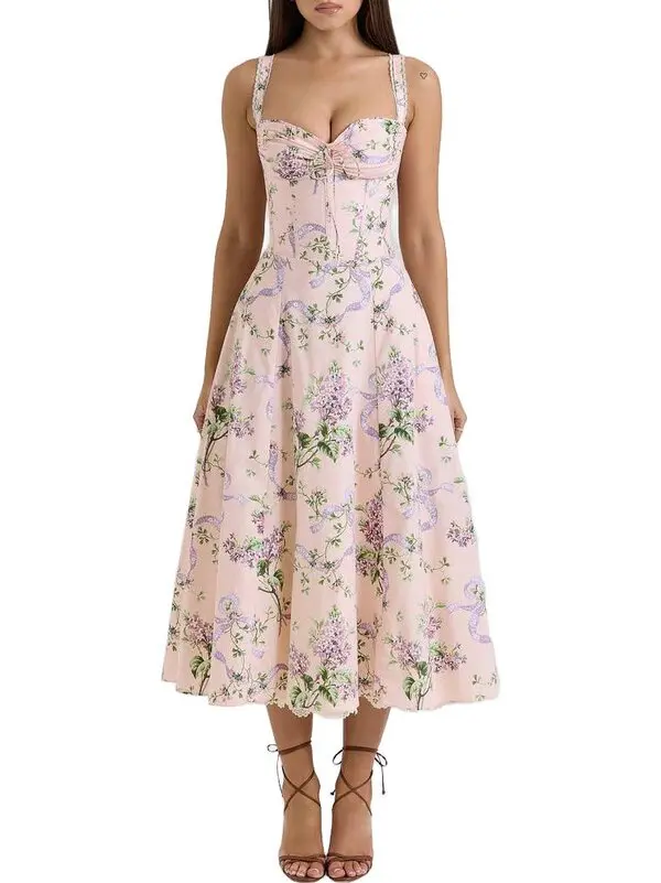 House Of Cb Rosalee Floral Cotton Midi Dress - Peach Floral Print