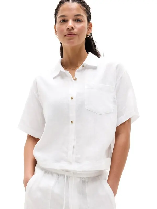 Athleta Linen Short Sleeve Shirt - Calla Lily