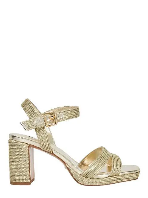 DUNE Cross-strap Woven Heeled Sandals - Gold Fabric