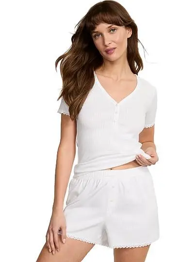 Victoria's Secret Pointelle Modal Henley Tee & Boxer Short Set - White,ivory