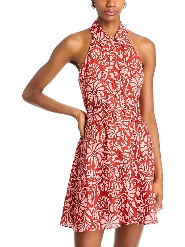 Veronica Beard Beau Floral Print Linen Halter Dress - Dark Persimmon Multi