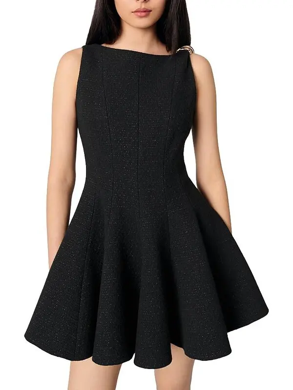 Maje Short Flared Tweed Dress - Black