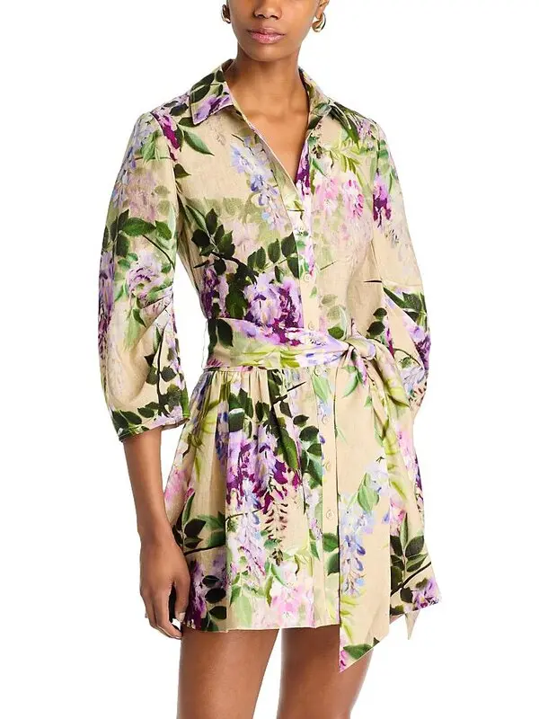 Cara Cara Raya Floral Print Linen Mini Dress - Wisteria Ginger Root