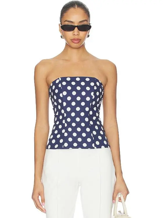 MORE TO COME Tina Corset Top - Navy & White Polka Dot