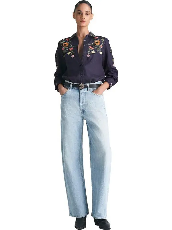 Lela Rose Raised Floral Embroidery Linen Shirt - Black