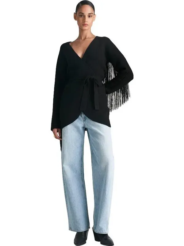 Lela Rose Fringe Back Merino Wool Cardigan - Black