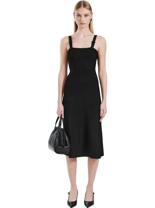 Rudsak Knit Pleated Midi Dress With Vegan Leather Strap - Black