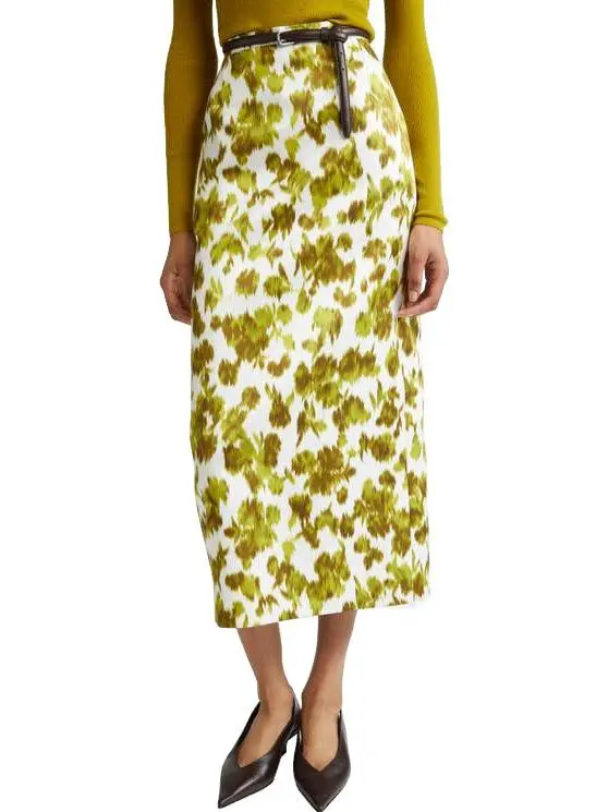 Michael Kors Floral Print Duchesse Satin Pencil Skirt - Moss/ Optic White