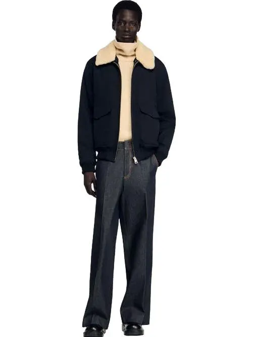 Sandro Shearling Collar Aviator Jacket - Navy Blue