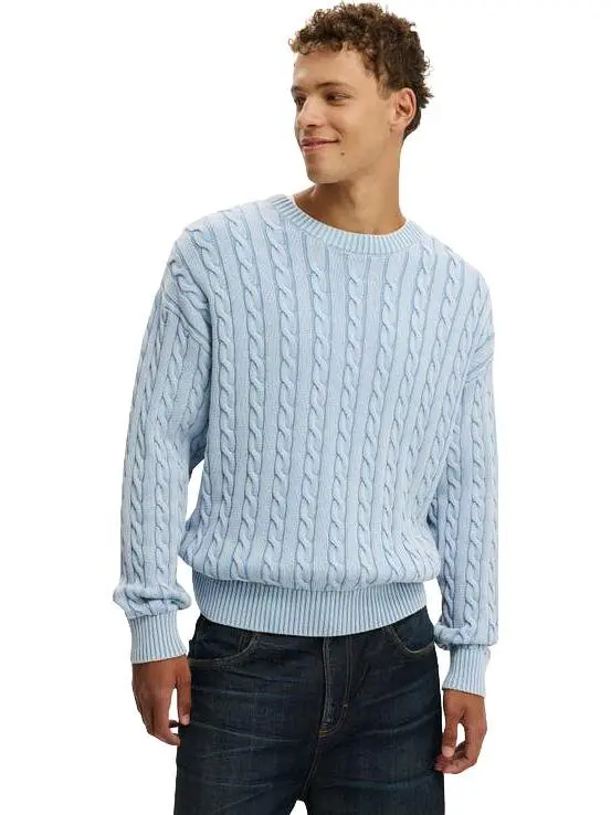 COTTON ON Washed Box Fit Crew Knit - Washed Ice Blue Cable