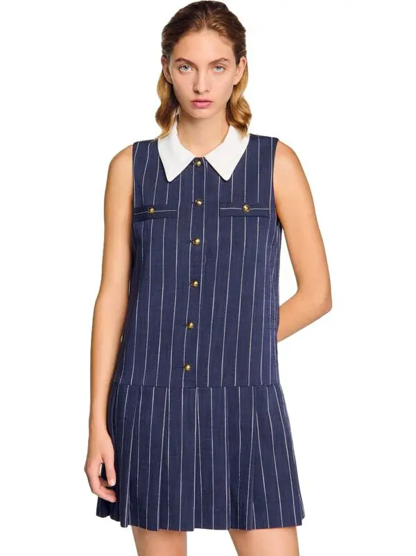 Sandro Striped Mini Dress With Contrast Collar - Navy / Ecru