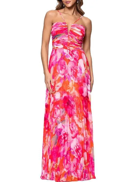 XSCAPE EVENINGS Floral Pleated Chiffon Gown - Red/ Pink