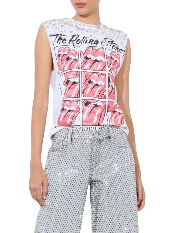 Alice + Olivia Micah Crystal Detail Rolling Stones Graphic Muscle T-shirt - Off White Multi