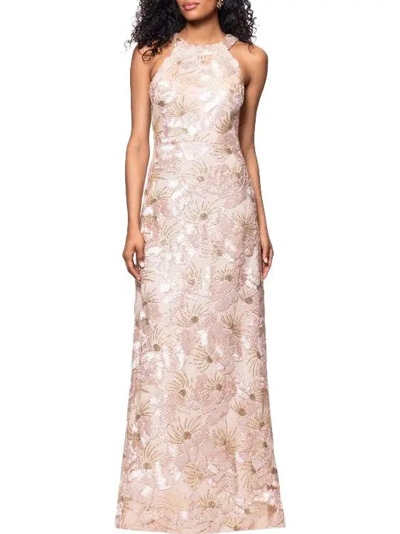 Betsy & Adam Sequin Floral Gown - Champagne