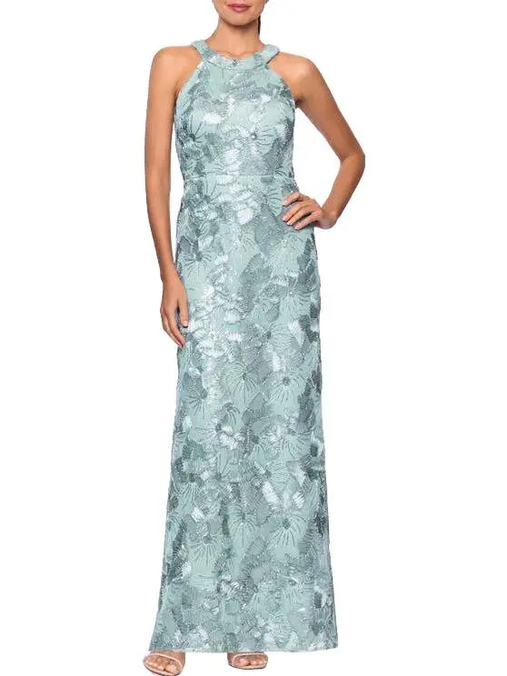 Betsy & Adam Sequin Floral Gown - Sage