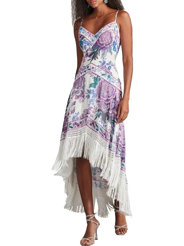 Tadashi Shoji Scarf Print Fringe Detail High-low Cocktail Dress - White/ Purple Floral
