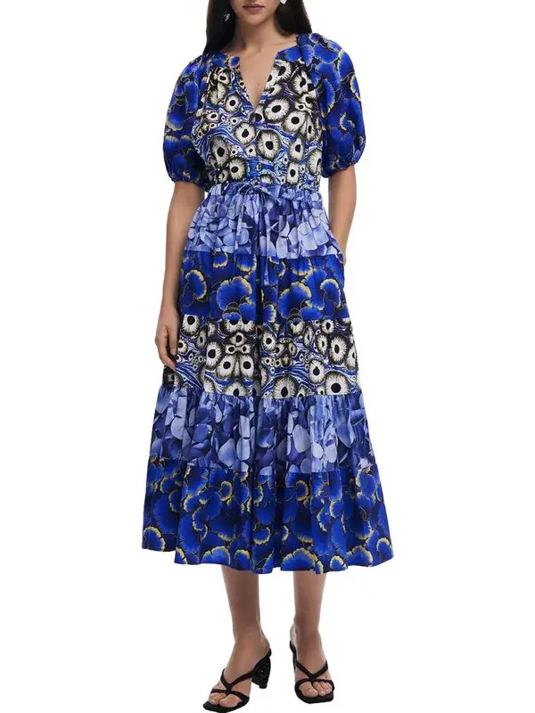 Desigual Mixed Print Tiered Midi Dress - Navy Blue