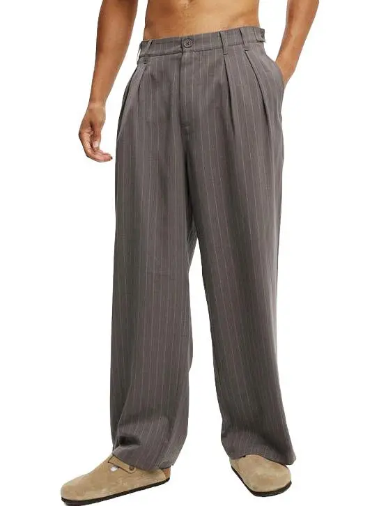 COTTON ON Super Baggy Pleated Pant - Charcoal Pinstripe