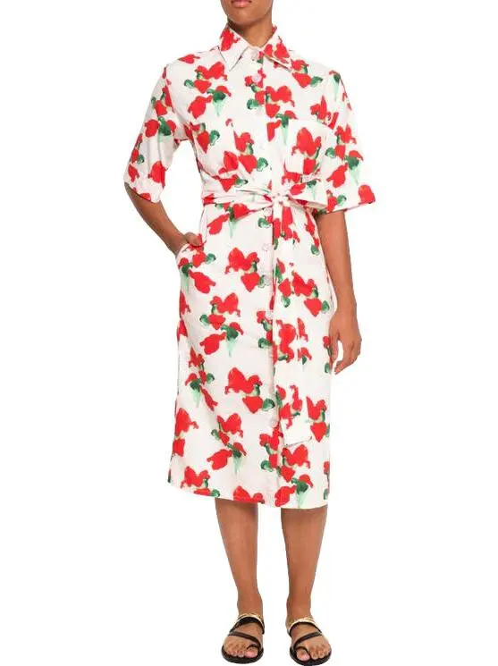 THE LULO PROJECT Marina Floral Stretch Cotton Midi Shirtdress - Orange Bloom Beige