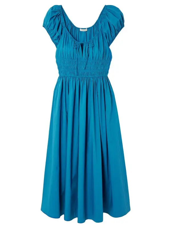 DÔEN Quinn Tie-detailed Shirred Cotton-poplin Midi Dress - Blue
