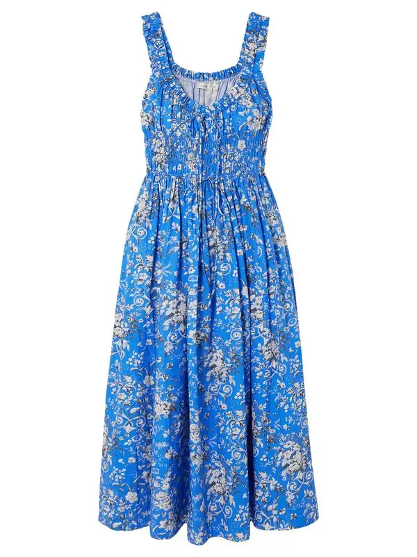 DÔEN Emmaretta Shirred Floral-print Organic Cotton-voile Midi Dress - Blue